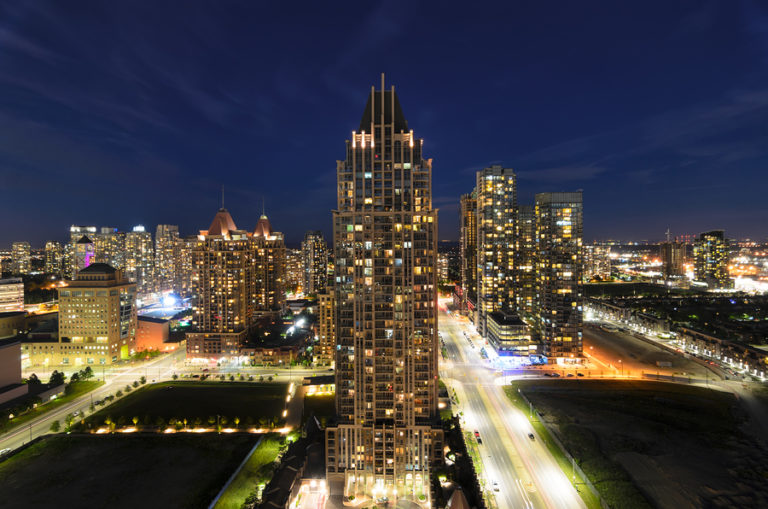 MISSISSAUGA CANADA JUNE 14 2016: View to the skyscrapers in the night ...