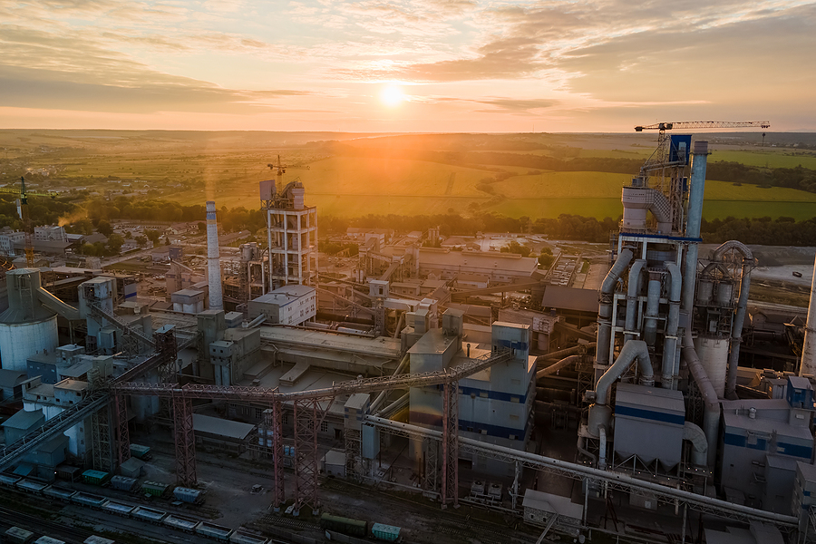 Aerial View Of Cement Factory Tower With High Concrete Plant Str ...